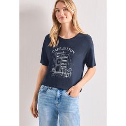 T-Shirt Street One, Damen, Gr. 34, schwarzest blau, Stoff, 50% Modal, 50% Baumwolle, bedruckt, comfort fit normal, Rundhals, normaler Saum, Shirts T-Shirt, mit Rundhalsausschnitt