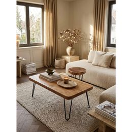 KADIMA DESIGN Couchtisch BAGLI aus Massivholz mit Design Metallbeinen im Landhaus-Stil, Akazie 60x115x40 cm
