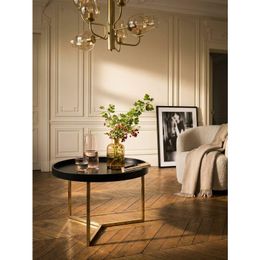 KADIMA DESIGN Couchtisch Metall Rund, Retro Design, Modern mit Holzplatte, Schwarz 58x58x42 cm