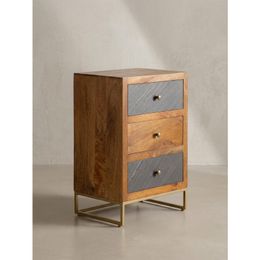 KADIMA DESIGN Nachttisch Massivholz Steinoptik 3 Schubladen Metallgestell, Braun 40x30x60 cm
