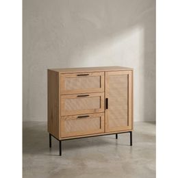KADIMA DESIGN Kommode &ndash; Eiche-Dekor/Rattan, 80x82x36 cm, 3 Schubladen, 1 T&uuml;r, modern
