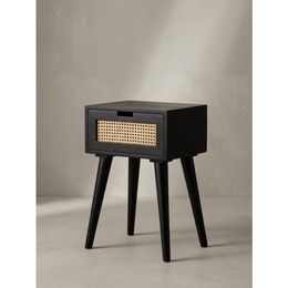 KADIMA DESIGN Nachttisch &ndash; Mango Massivholz/Rattan, 40x60x30 cm, Schwarz, 1 Schublade, Wiener Geflecht