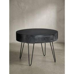 KADIMA DESIGN Couchtisch Rund Mango Massivholz Metall, 60x60x43 cm, mit Schublade, Stauraum und Haarnadelbeinen