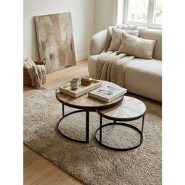 KADIMA DESIGN Couchtisch 2er Set Massivholz Metall Rund, Mango 60x60x40 cm