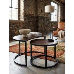 KADIMA DESIGN Couchtisch 2er Set Mango Massivholz Metall Rund Industrial, Dunkelbraun 41x60x41 cm