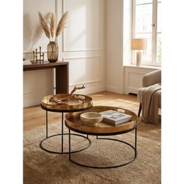 KADIMA DESIGN Couchtisch 2er Set Metall Rund Hammerschlag Abnehmbares Tablett, Gold 56x56x33 cm