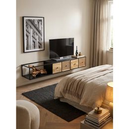 KADIMA DESIGN Lowboard H&auml;ngend Mango Massivholz Metall Modern Stil 150x25x35 cm Schwarz mit Wiener Geflecht