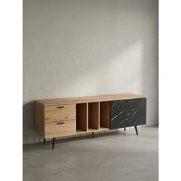 KADIMA DESIGN TV-Lowboard mit Eiche-Dekor, T&uuml;r und Schubladen, kompakte Aufteilung, Braun-Schwarz/Marmoroptik 150x40x55 cm