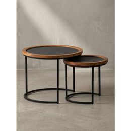 KADIMA DESIGN Couchtisch Set &ndash; 2-teilig Rund Mango Massivholz Steinoptik Metall Braun Anthrazit