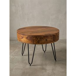 KADIMA DESIGN Couchtisch rund Braun, Massivholz mit Metallgestell, 60x44.5x60 cm, inklusive Schubladen
