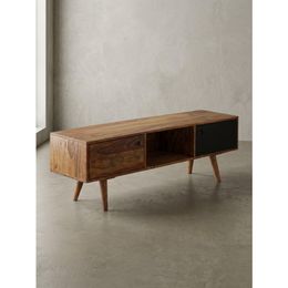 KADIMA DESIGN TV-Lowboard Massivholz, 2 T&uuml;ren und Fach, Vintage-Stil, Schwarz 140x35x45 cm