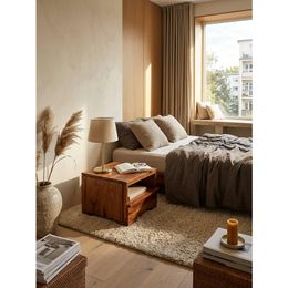 KADIMA DESIGN Nachttisch Massivholz Schublade Ablage Landhausstil MUMBAI, Dunkelbraun 40x40x30 cm