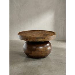 KADIMA DESIGN Couchtisch rund in Walnussfarbe, Massivholz Mango, 50x50x30,5 cm, niedrig, modern, nat&uuml;rliche Holzmaserung