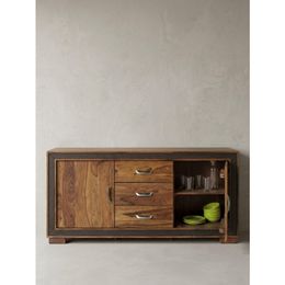 KADIMA DESIGN Sideboard &ndash; Massivholz mit Kunstleder, 160x44x80 cm, rustikal, mit T&uuml;ren und Schubladen