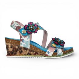 Laura Vita Damen-Espadrilles &bdquo;Bonito 32&ldquo; aus t&uuml;rkisblauem Leder mit Blumenmuster und Keilabsatz