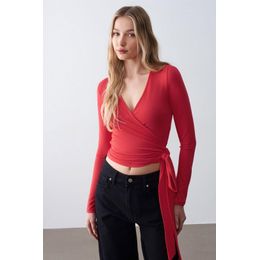Damen Crop-Wrap-Bluse mit Bindeband
