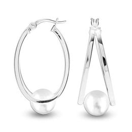 Damen Ovale Creolen mit Wei&szlig;en Perlen, 925 Sterlingsilber BIPE030
