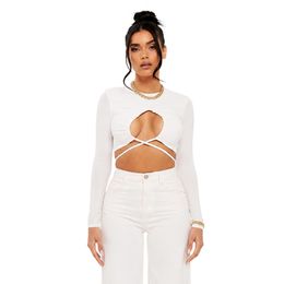 Missy Empire - Kurzes Top f&uuml;r Damen, &Uuml;berkreuz-Front, Gerafft (Elfenbein)