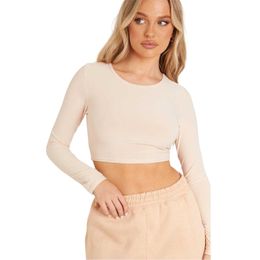 Missy Empire - Kurzes Top f&uuml;r Damen, Rundhalsausschnitt, Lang&auml;rmlig (Steinfarben)