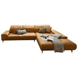 Musterring Ecksofa MR 2490, Gelb, Metall, Echtleder, Longlife-Leder, 4-Sitzer, Ottomane rechts, nicht einzeln stellbar, L-Form, 342x207 cm, Goldenes M, Typenauswahl, Fu&szlig;auswahl, Lederauswahl, Stoffauswahl, seitenverkehrt erh&auml;ltlich, Hocker R&uuml;cken echt, Wohnzimmer, Sofas & Couches, Wohnlandschaften, Ecksofas