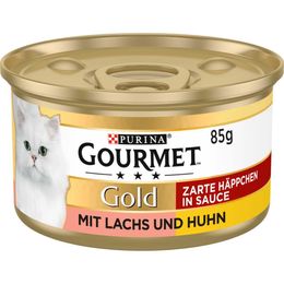 Gourmet Gold Zarte H&auml;ppchen in Sauce mit Lachs und Huhn Katzen-Nassfutter ohne k&uuml;nstliche Farbstoffe 48x85g