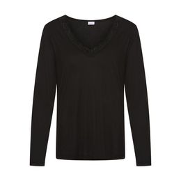Lascana Pyjamaoberteil schwarz Gr. 44/46 f&uuml;r Damen. Tiefer V-Ausschnitt und Spitze. Loose Fit. Nachhaltig.