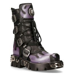 New Rock Flame Akzentuierte schwarz/rote Leder-Biker-Totenkopfstiefel &ndash; M-591-S5