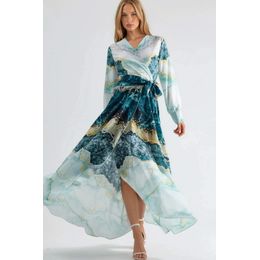 Maxikleid mit abstraktem Druck und langen &Auml;rmeln sowie Bindeg&uuml;rtel
