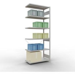 SCHULTE LAGERTECHNIK Fachbodenregal Stecksystem MultiPlus250, Anbauregal, 6 Fachb&ouml;den, Kreuzstrebe, B 1000 x T 500 x H 2500 mm, Lichtgrau RAL 7035