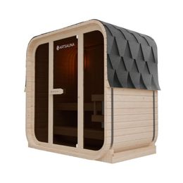 Artsauna&reg; Cube Fasssauna Fjora M Natur - Panorama-Sicherheitsglas Front, komfortable Bank mit Trittstufen, 3,6 kW Ofen, Outdoor Sauna Komplettset f&uuml;r 3 Personen