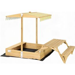 needs&wants&reg; Holz Sandkasten mit Picknicktisch und Dach, B&auml;nken & Abdeckung, Kinder Sandkiste mit klappbarem Deckel, UV-Sonnenschutz, Sandbox quadratisch f&uuml;r Garten Outdoor Spielplatz, 185x110 cm, gelb wei&szlig; braun