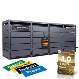 ALBATROS M&uuml;lltonnenbox 4er mit Pedal, 120L bis 240L, f&uuml;r Vier Tonnen, Metallverkleidung aus verzinktem Stahl, Anthrazit Grau RAL7016, abschlie&szlig;bar, wetterfest, ISO9227, mit Aufkleber Set