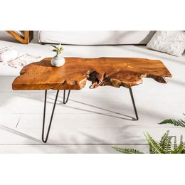 Riess Ambiente Massiver Couchtisch WILD 100cm Teak Massivholz Baumscheibe Hairpin Legs Riess-Ambiente Sofatisch Wohnzimmertisch organisch Natur Rustikal