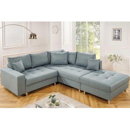 Riess Ambiente Moderne Wohnlandschaft KENT 220cm aqua Ecksofa Federkern inkl. Hocker und Kissen Riess-Ambiente L-Form Wohnzimmer