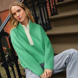 LANDS' END Teddy-Pullover mit Druckknopf-Leiste, Damen,  Gr&uuml;n, by Lands' End