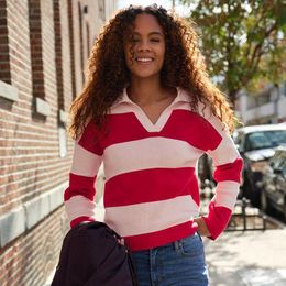LANDS' END Feinstrick-Polopullover mit Rugbystreifen, Damen, size: regular, Rot, Baumwolle, by Lands' End