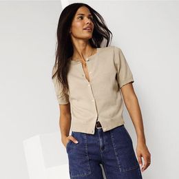 LANDS' END Feinstrick-Cardigan mit kurzen &Auml;rmeln f&uuml;r Damen, Damen, size: regular, Elfenbein, Baumwolle, by Lands' End