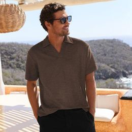 LANDS' END Jacquard-Shirt mit V-Ausschnitt, Herren,  Braun, Baumwolle/Polyester, by Lands' End