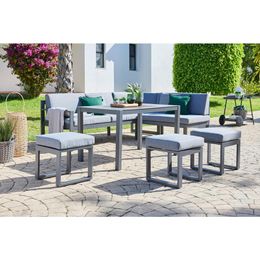 Ambia Garden Dining-Loungeset, Anthrazit, Hellgrau, Dunkelgrau, Metall, Glas, Textil, 6-teilig, F&uuml;llung: Schaumstoff, L-Form, 213x169 cm, Loungem&ouml;bel, Gartenlounge-Sets