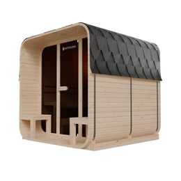 Artsauna&reg; Cube Fasssauna Fjora XL Natur - Panorama-Sicherheitsglas Front, komfortable Bank mit Trittstufen, 9 kW Ofen, Outdoor Sauna Komplettset f&uuml;r 6 Personen