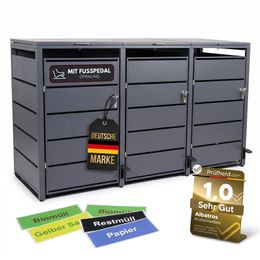 ALBATROS M&uuml;lltonnenbox 3er mit Pedal, 120L bis 240L, f&uuml;r Drei Tonnen, Metallverkleidung aus verzinktem Stahl, Anthrazit Grau RAL7016, abschlie&szlig;bar, wetterfest, ISO9227, mit Aufkleber Set