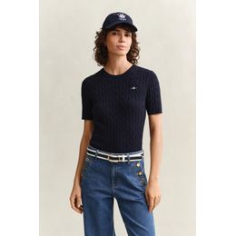 Gant Damen Kurzarmpullover "STRETCH COTTON CABLE"evening blau, Gr. L, unifarben, Web, Obermaterial: 88% Baumwolle, 10% Polyamid, 2% Elasthan,