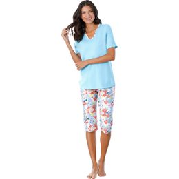 Damen Capri-Schlafanzug mit V-Ausschnitt, floral bedruckt aqua-koralle-bedruckt, Gr&ouml;&szlig;e 56/58