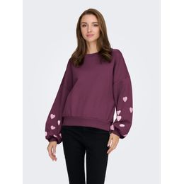 Only Damen Sweatshirt "ONLMACY L/S O-NECK BOX CC SWT"fig detail:pale lila hearts, Gr. S, Sweatware, Obermaterial: 60% Baumwolle, 40% Polyester,