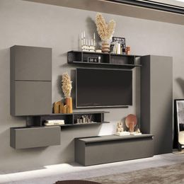 Pharao24.de Anbauwand Design Wohnwand in Anthrazit und Grau (siebenteilig)