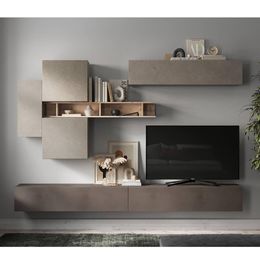 Pharao24.de Design Wohnwand Wohnzimmer Anbauwand in Beton Grau und Graubraun (siebenteilig)