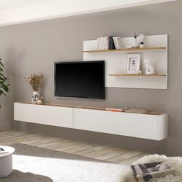 Pharao24.de Wohnzimmerwand modern in Wildeichefarben und Wei&szlig; die Wandmontage (dreiteilig)