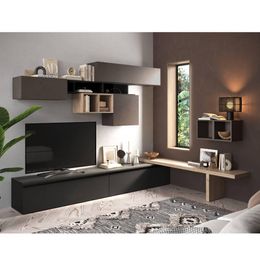 Pharao24.de TV Wohnwand Designer Wohnwand in Schwarz matt und Graubraun (elfteilig)