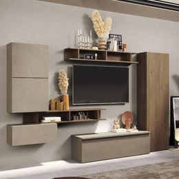 Pharao24.de Anbauwand Wohnzimmer Anbauwand in Beton Grau und Wildeiche dunkel (siebenteilig)