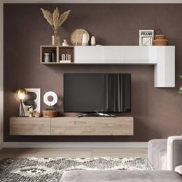 Pharao24.de TV Wohnwand Wohnzimmerwand modern in Wei&szlig; und Eiche hell (sechsteilig)